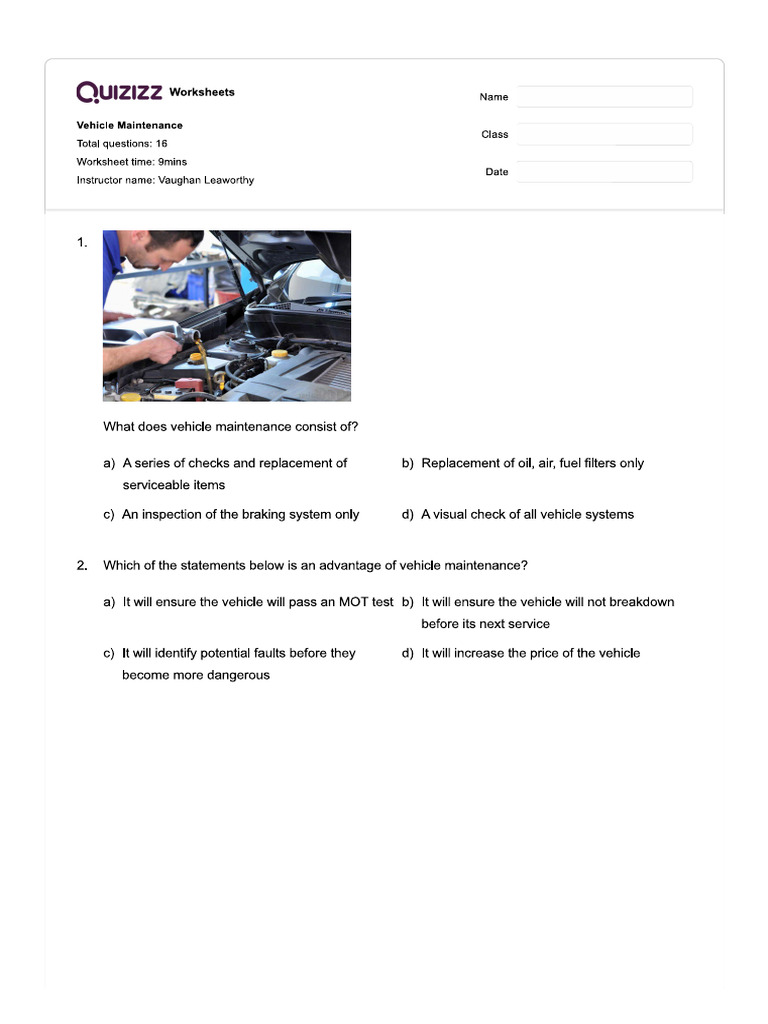 Vehicle Maintenance worksheet | PDF