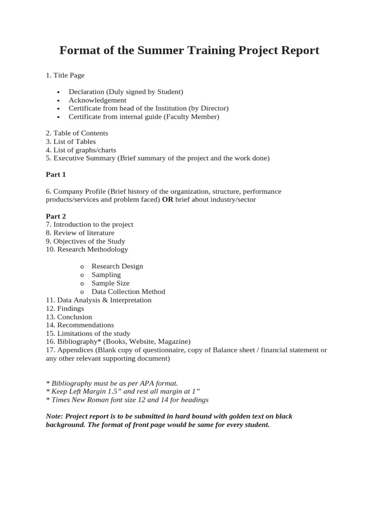 Format of the Summer Training Project Report | PDF