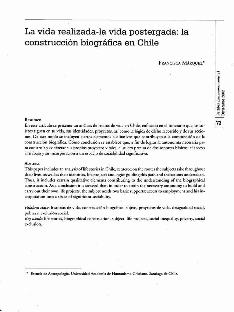 La Vida Realizada. La Vida Postergada La Construcción Biográfica en ...
