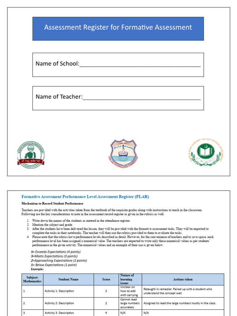 Formative Assessment Register Guide | PDF | Rubric (Academic) | Teachers
