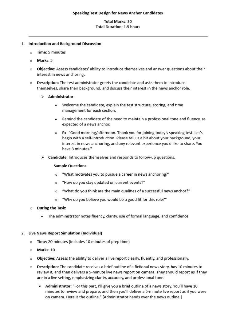 Speaking Test Design For News Anchor Candidates | PDF | Interview | News