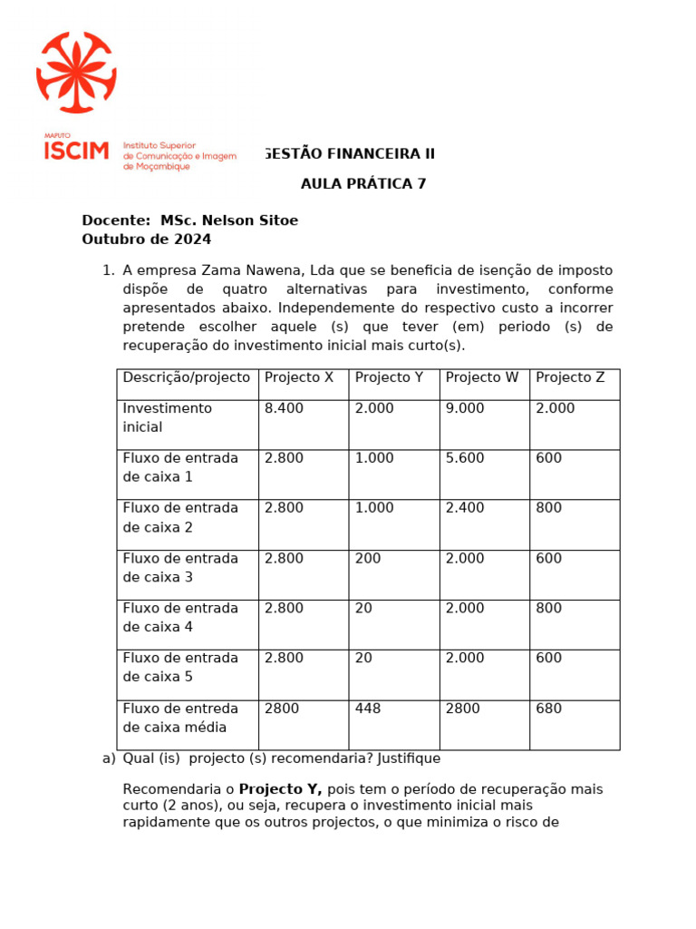 Aula Pratica 7 - Gfii - Iscim 2024 | PDF | Valor Presente líquido ...