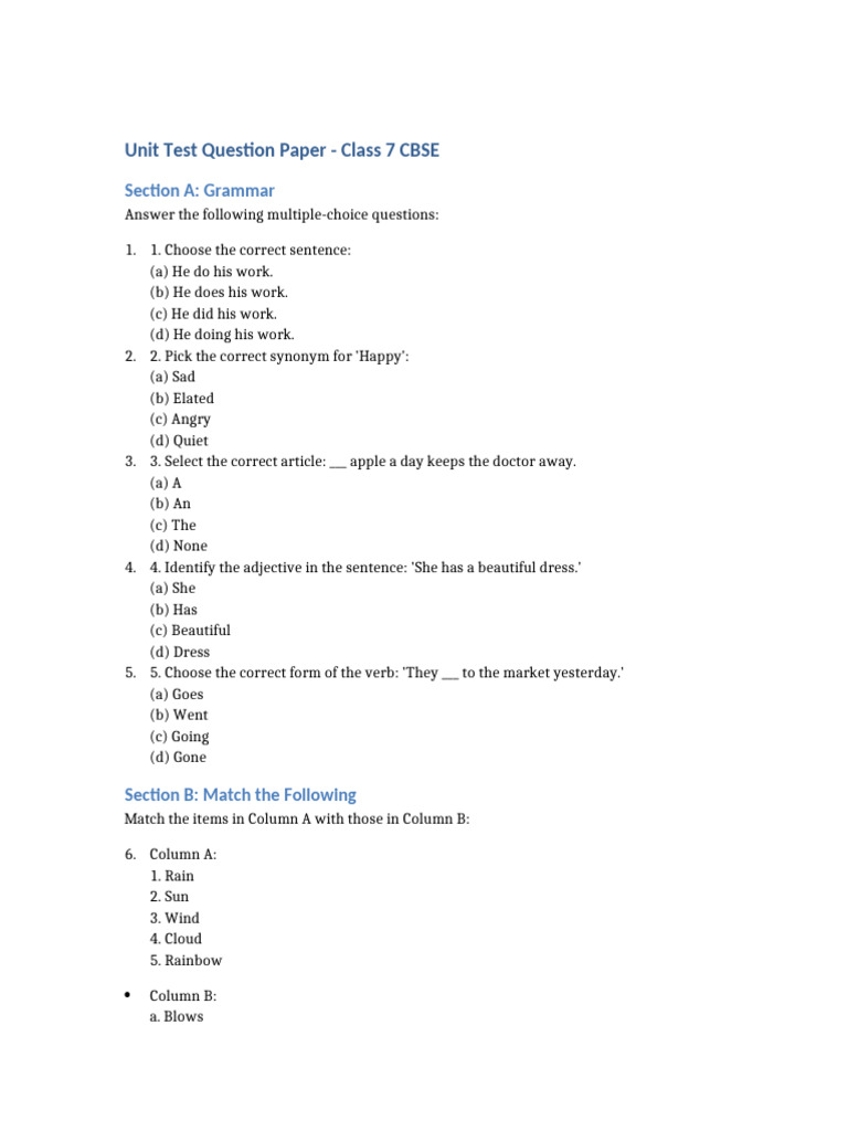 Class 7 CBSE Unit Test Question Paper | PDF
