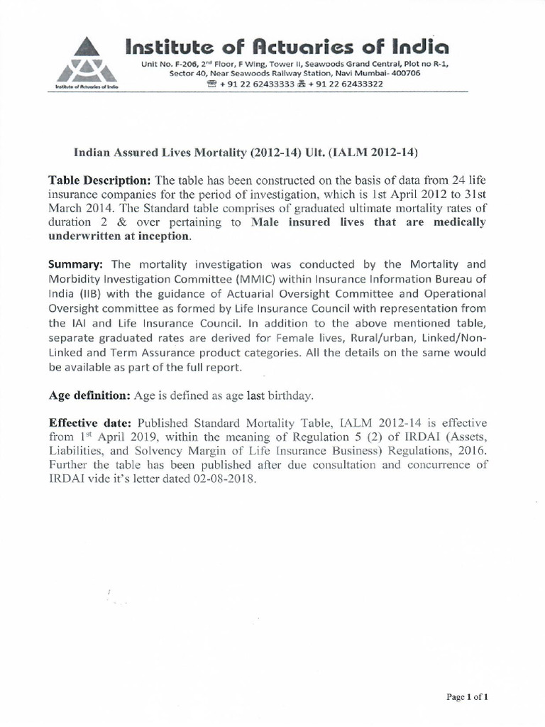 Indian Assured Lives Mortality (2012-14) Ult. (IALM 2012-14) | PDF