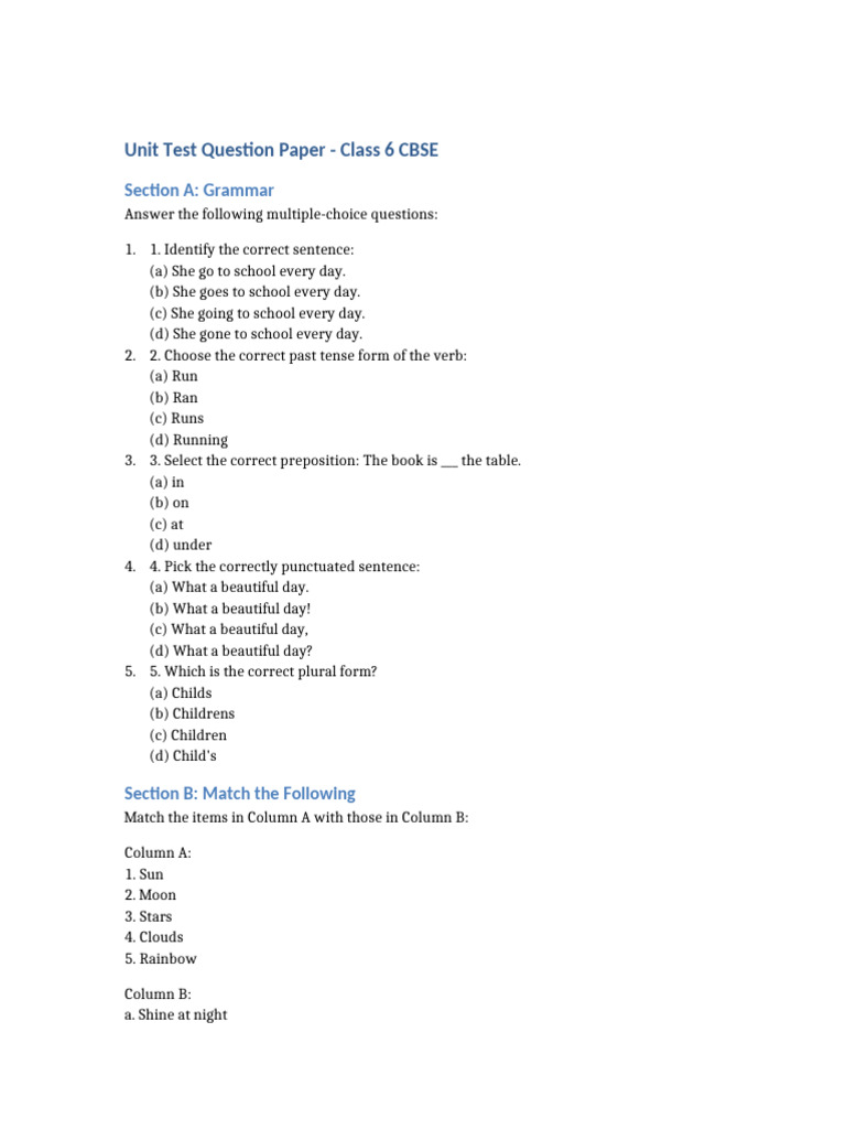 Class 6 CBSE Unit Test Actual Question Paper | PDF
