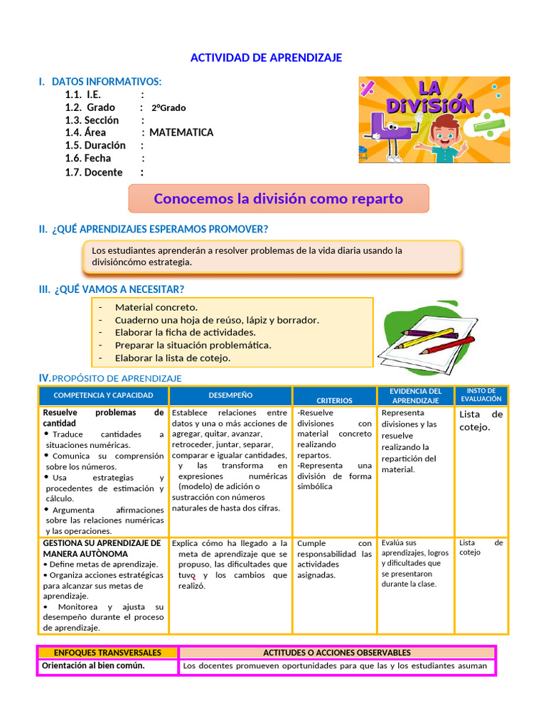 D4 A1 SESION MAT. Conocemos la división como reparto | PDF | Evaluación ... D4 A1 SESION MAT. Conocemos la división como reparto | PDF | Evaluación ...