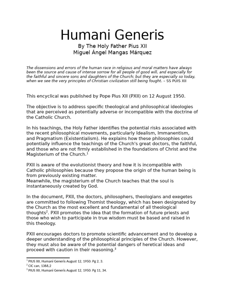HUMANI GENERIS | PDF | Catholic Church | Christian Denominational Families