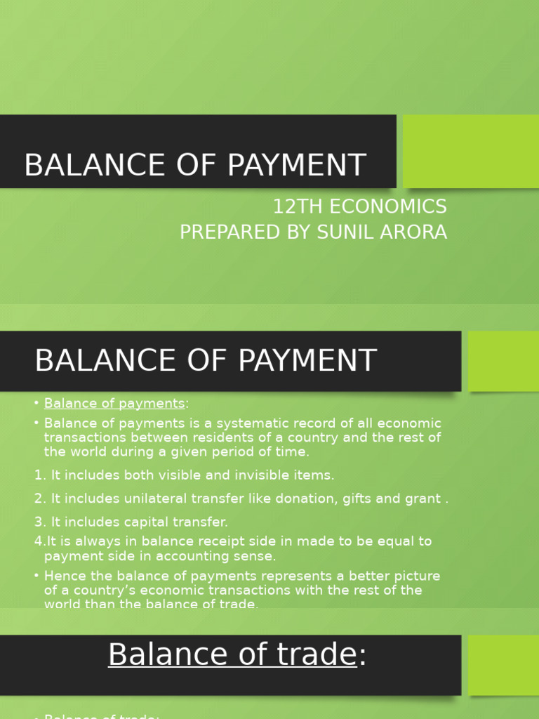 Balance of Payment: 12Th Economics Prepared by Sunil Arora | PDF ...