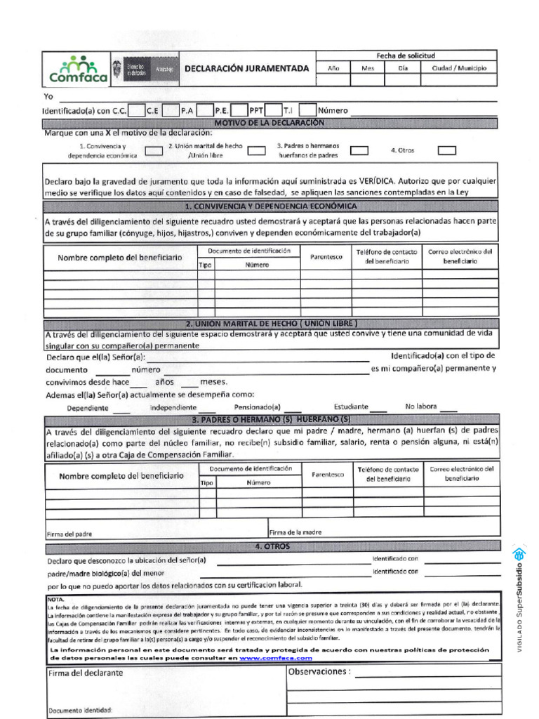 Declaracion Juramentada Afiliacion Beneficiarios COMFACA | PDF