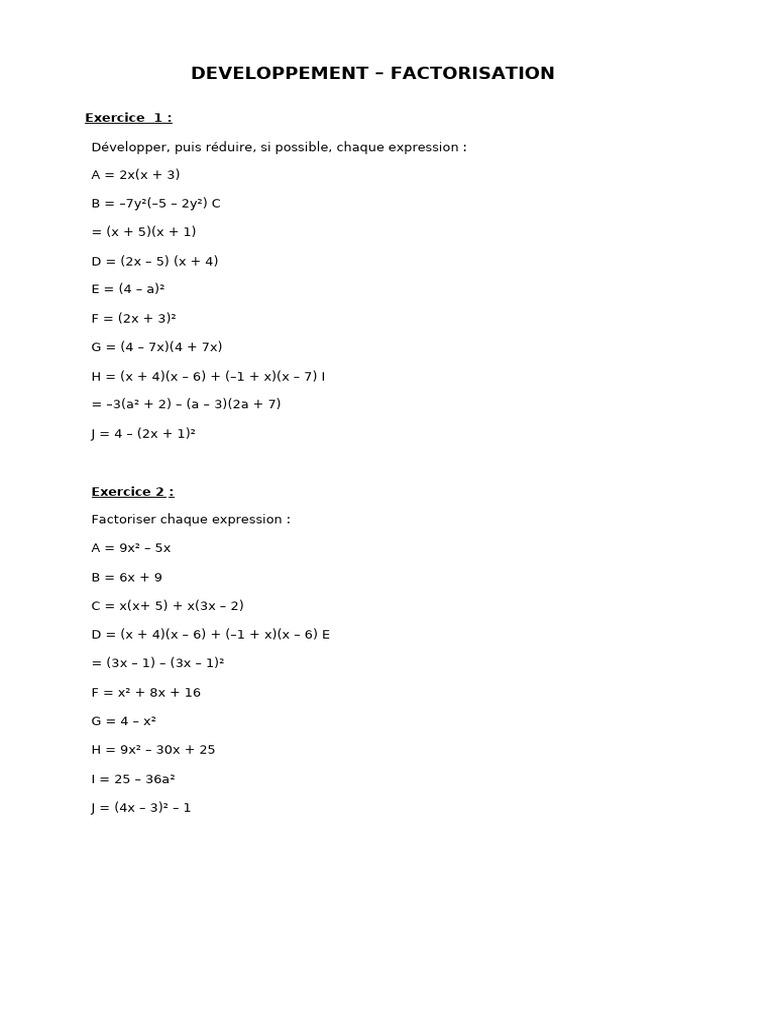 Exercices de Développement et Factorisation | PDF