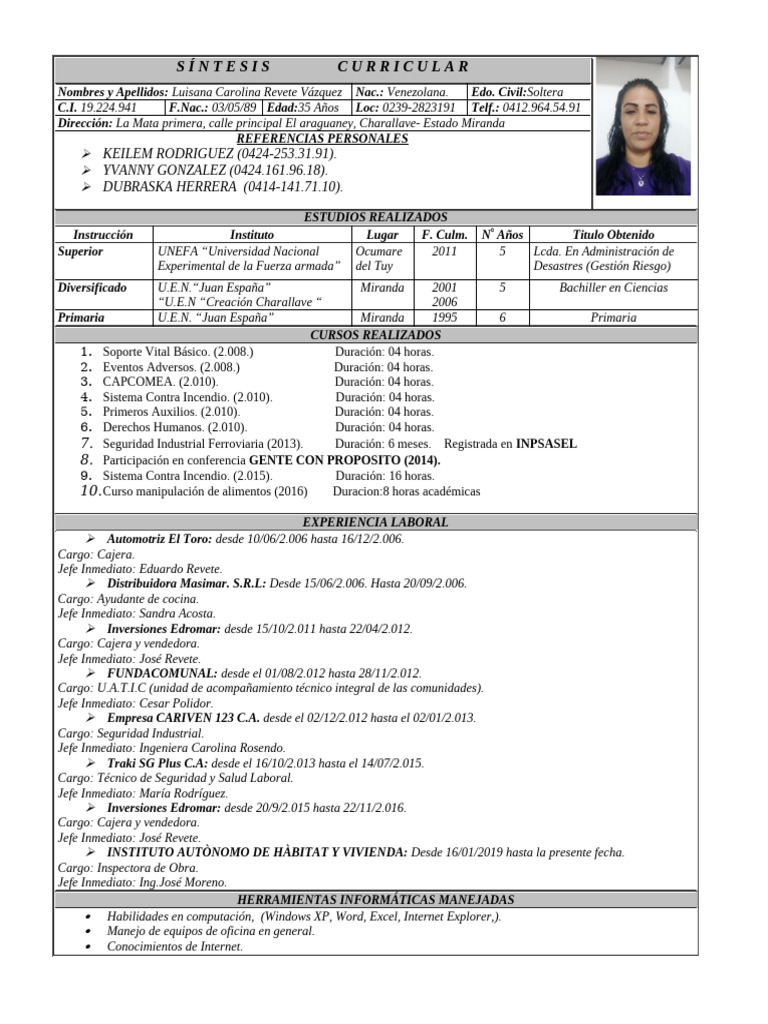 Curriculum Carolina | PDF | Seguridad y salud ocupacional