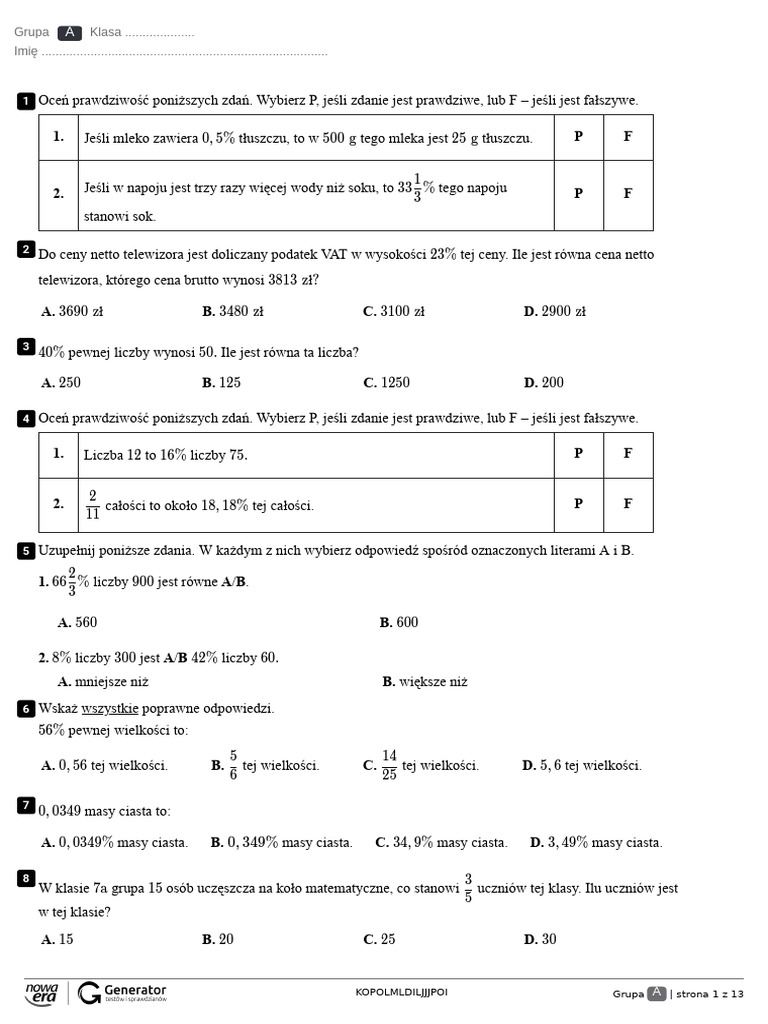 1.proporcjonalność I Procenty Baza Test (Bez Widocznej Punktacji) | PDF