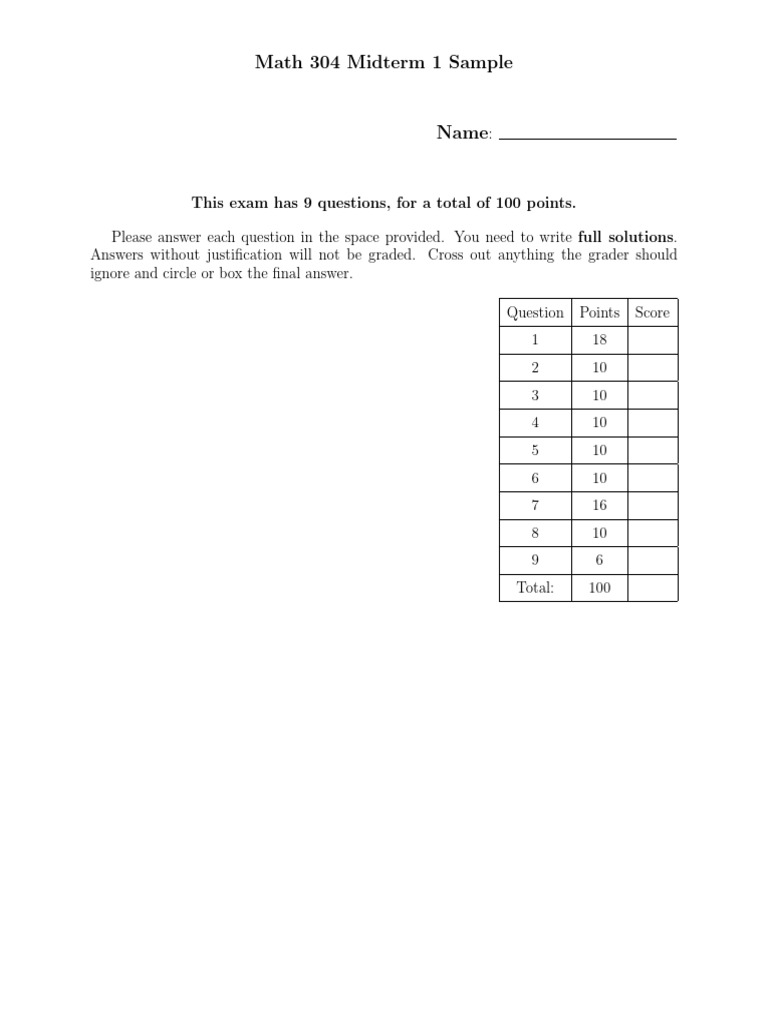 Midterm 1 Sample Solution | PDF | Linear Subspace | Basis (Linear Algebra)