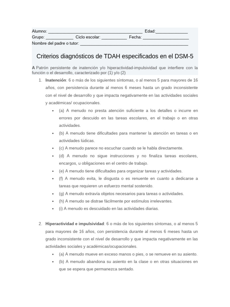 Criterios DSM-5 para Diagnóstico de TDAH | PDF | Desorden hiperactivo y ...