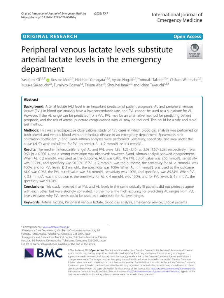 Peripheral Venous Lactate Levels Substitute Arterial Lactate Levels in ...