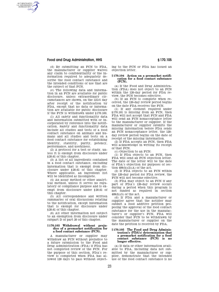FDA Food Contact Substance Notification Rules | PDF | Food And Drug ...