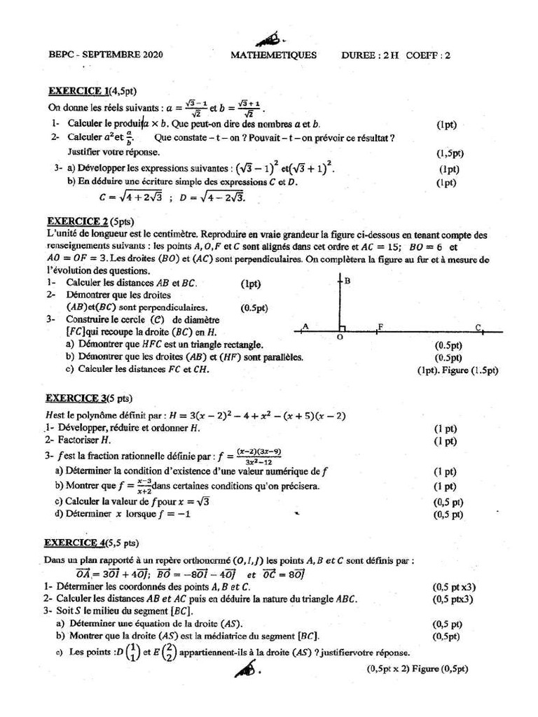 Epreuve Bepc 2020 Mathematiques Togo | PDF