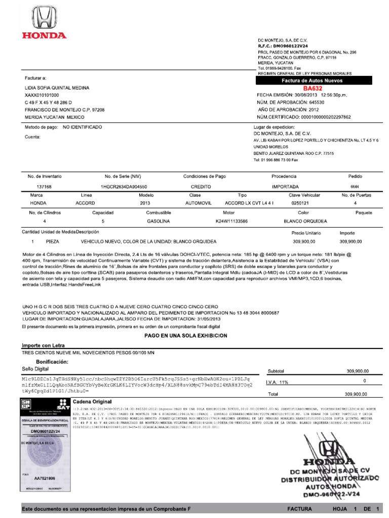 Factura Honda 2013 PDF | PDF