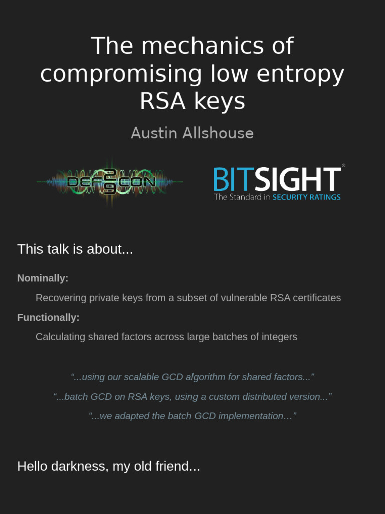 Austin Allshouse - The Mechanics of Compromising Low Entropy RSA Keys | PDF | Discrete ...