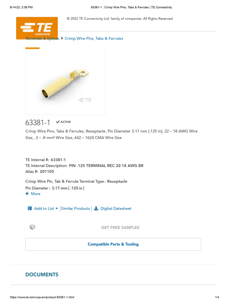 63381-1 - Crimp Wire Pins, Tabs & Ferrules - TE Connectivity | PDF ...