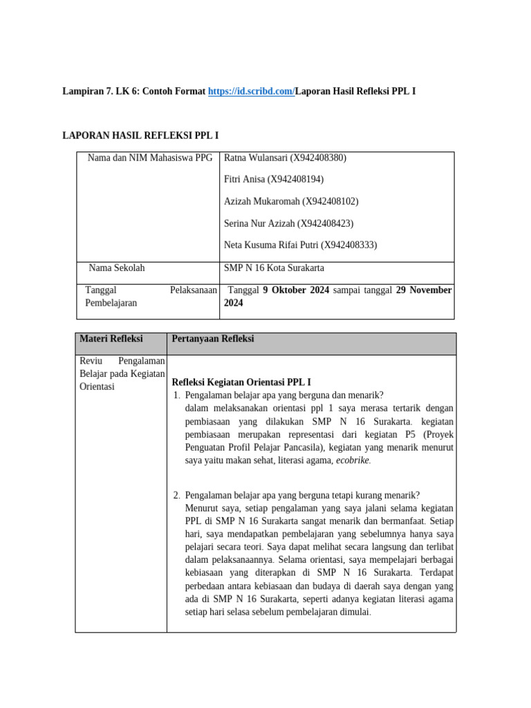 Lampiran 7. LK 6 Contoh Format Laporan Hasil Refleksi PPL I (1) (1) | PDF