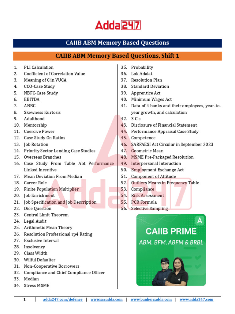 CAIIB ABM Memory Based Questions 07 July Evening | PDF | Mean | Median