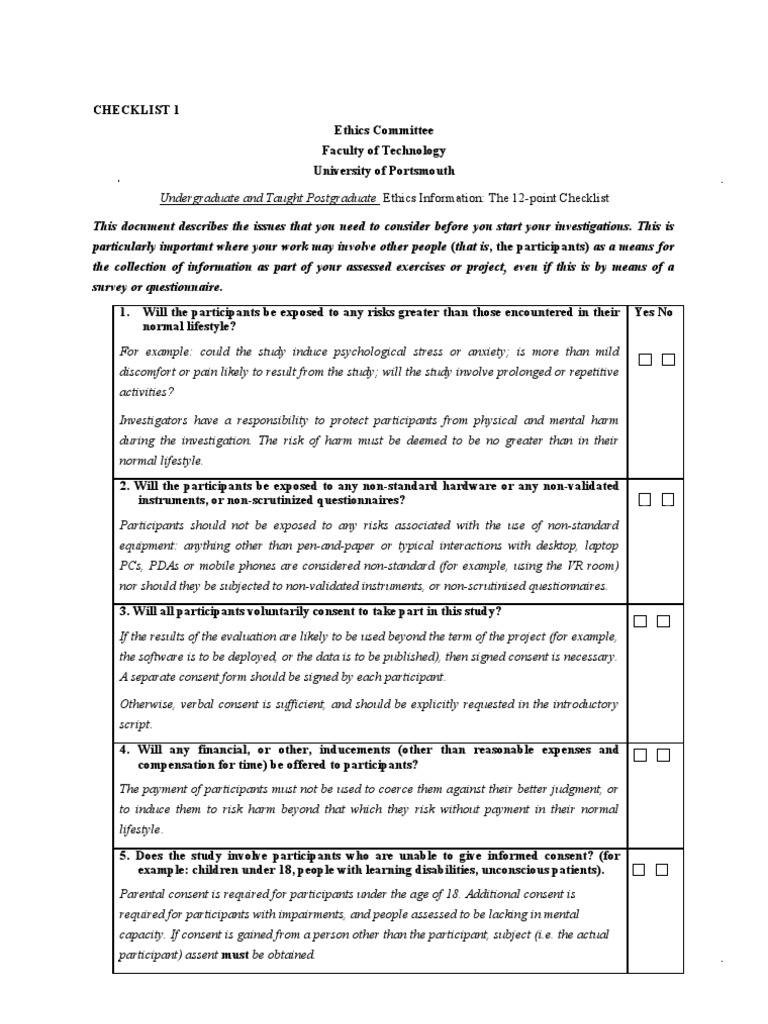 Ethics Checklist | PDF | Informed Consent | Behavioural Sciences