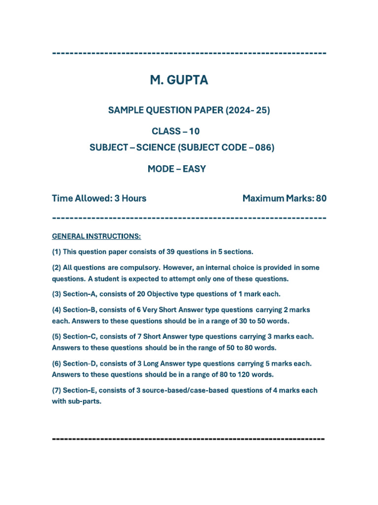 Class 10 SCIENCE SQP 1 Intro | PDF