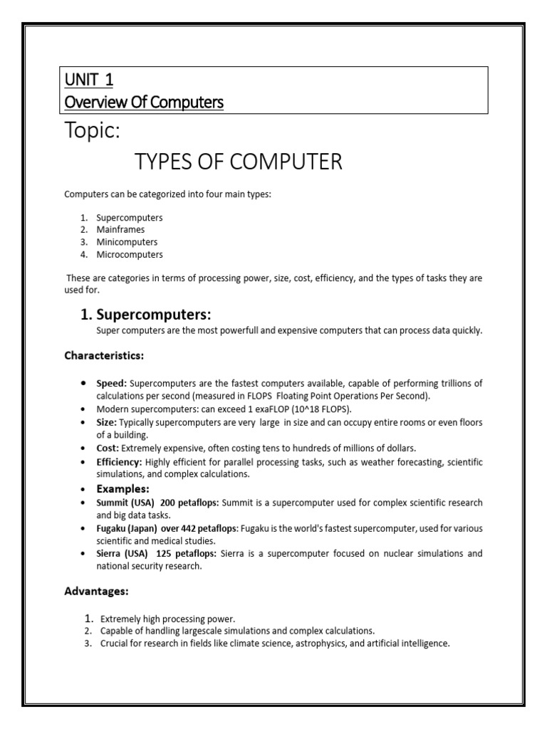 UNIT 1 Topic Types of Computer | PDF | Mainframe Computer | Supercomputer