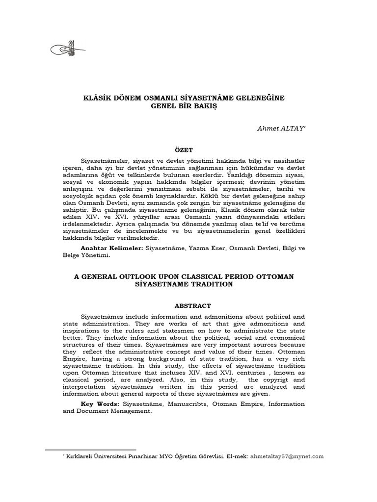 Klâsik Dönem Osmanlı Siyasetnâne Geleneğine Genel Bir Bakış- Ahmet Altay | PDF