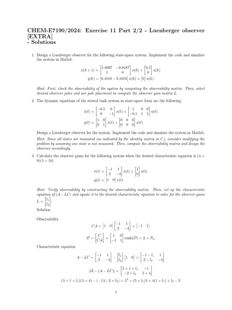 Luenberger Observer Design in MATLAB | PDF | Matrix (Mathematics ...