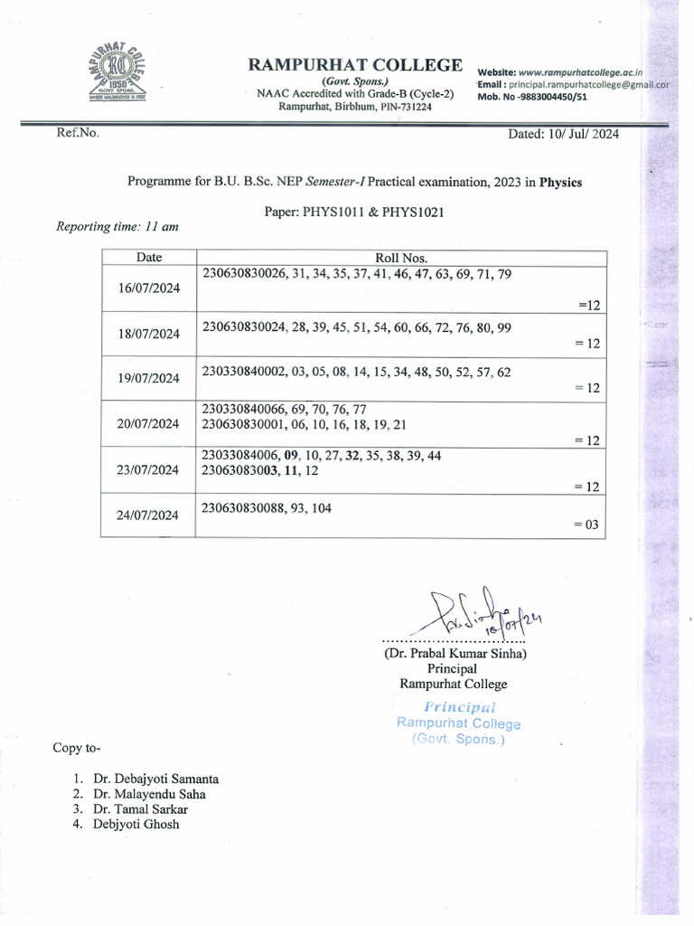 BU 2023 Sem-I Practical Examination Programme | PDF