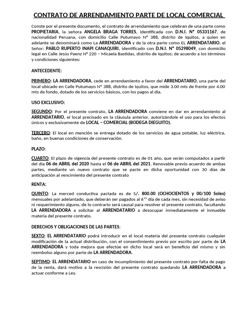 Contrato de Arrendamiento de Local Comercial 2020 | PDF | Derecho civil ...