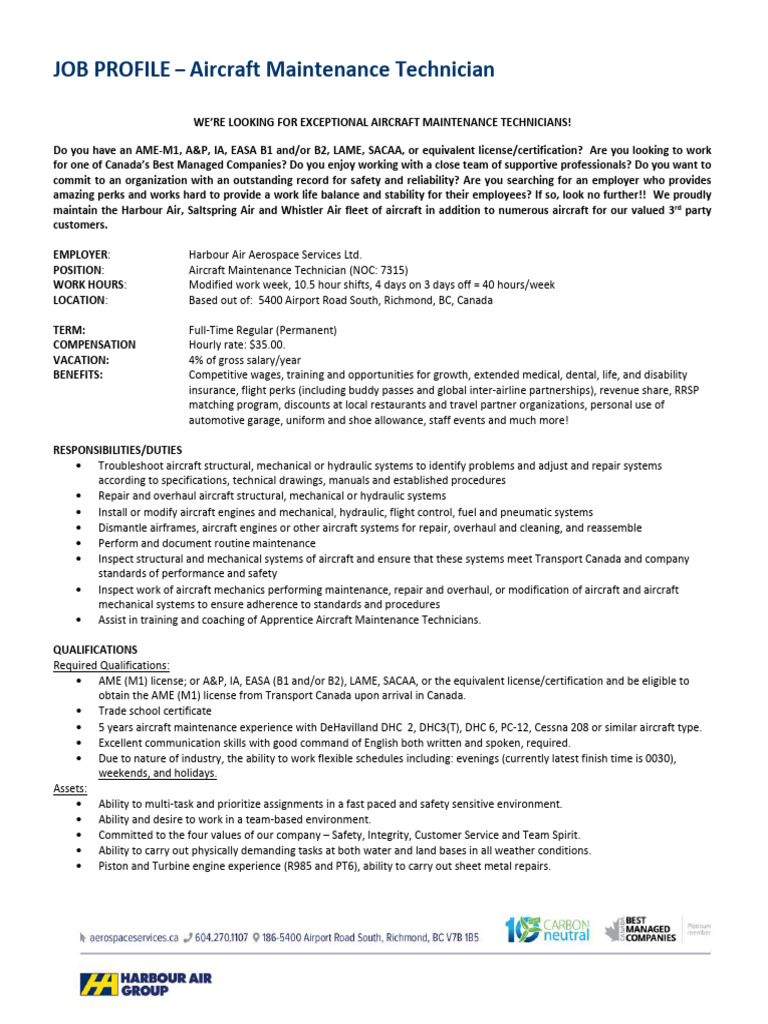18 57 Aircraft Maintenance Technician | PDF | Employment | Employee Benefits