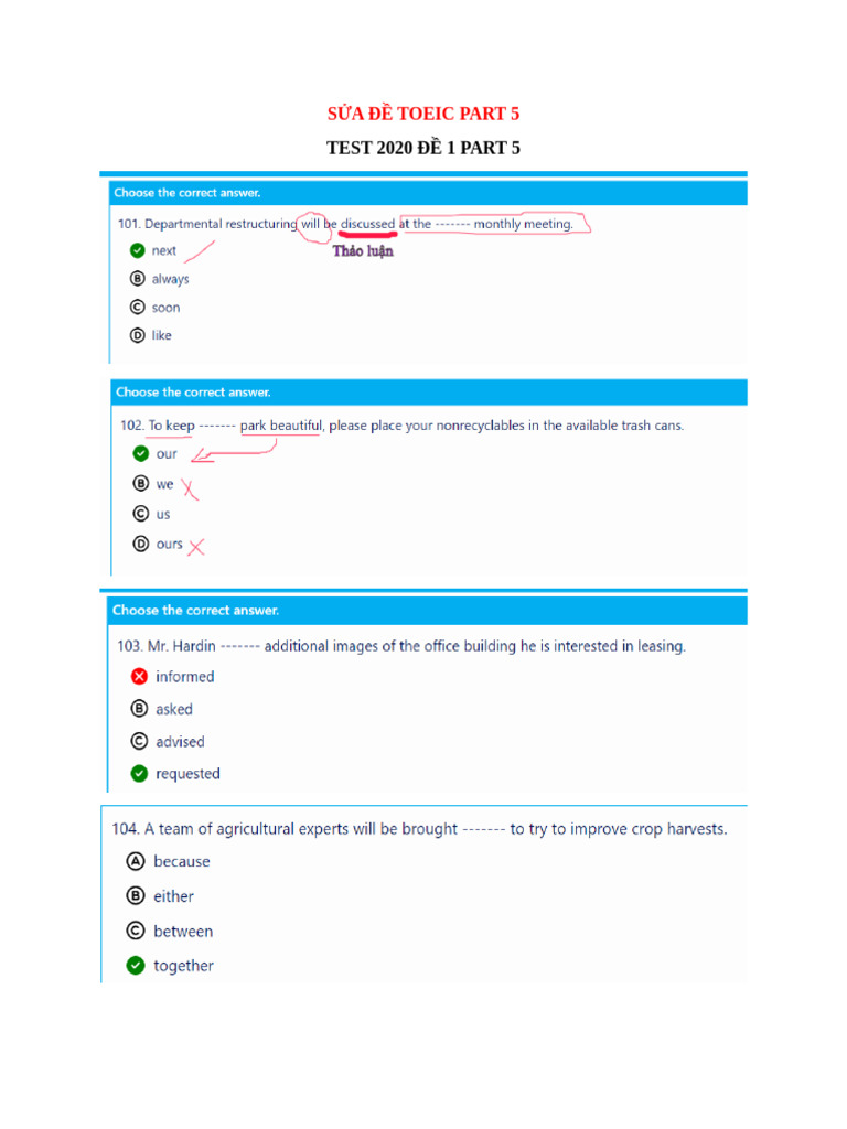 SỬA ĐỀ TOEIC PART 5 | PDF