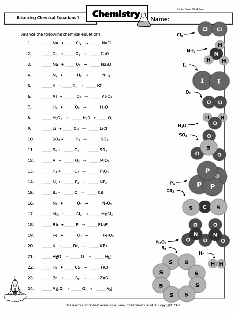 C1 Balancing Chemical Equations (Easy) Worksheet (Rocket Sheets) | PDF