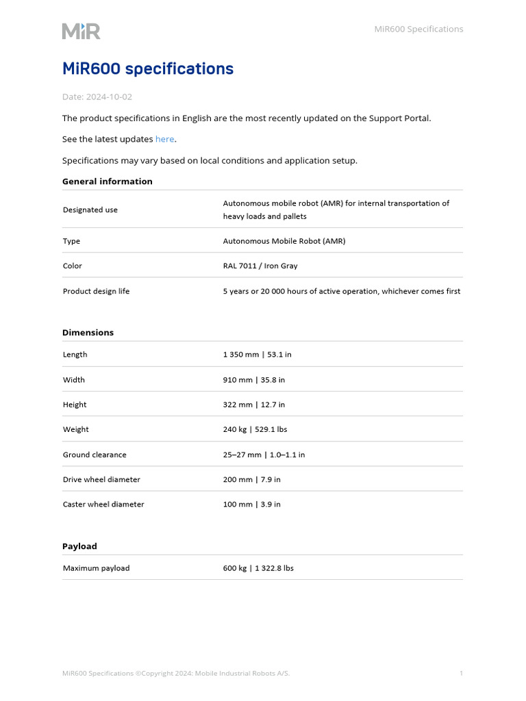 MiR600 Specifications 2.91 | PDF | Safety | Battery Charger