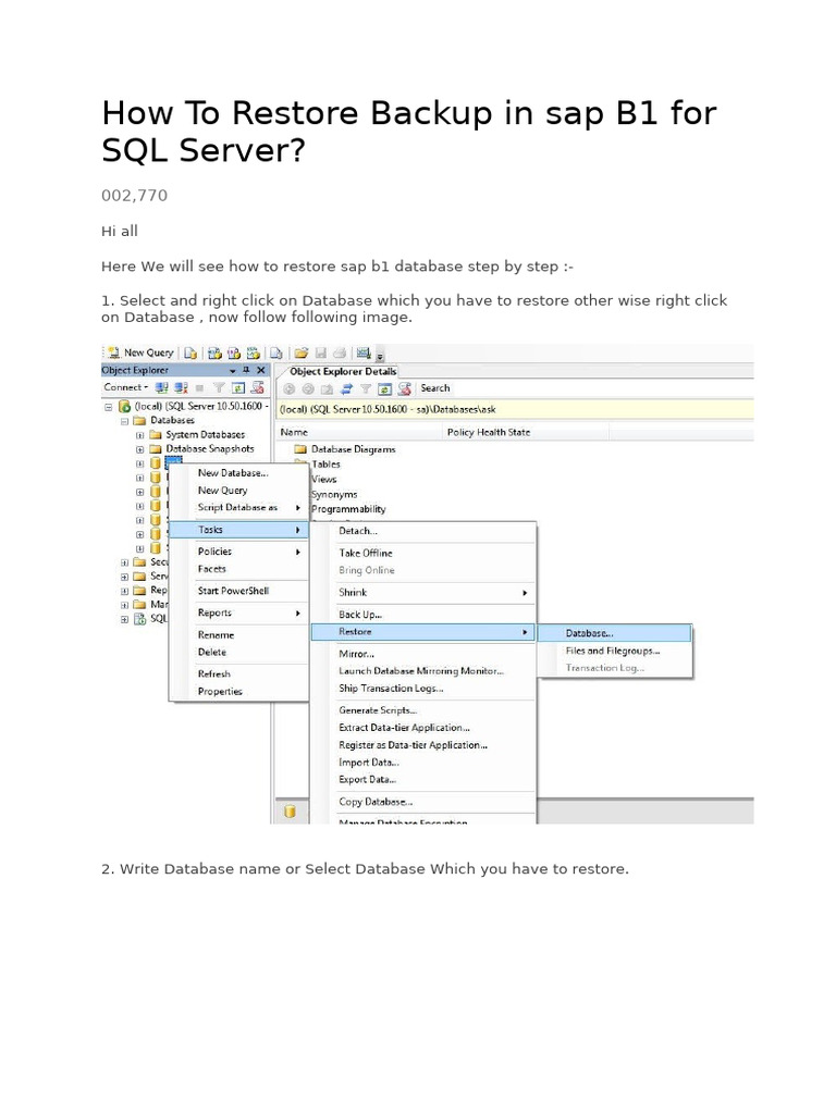 How To Restore Backup in sap B1 for SQL Server | PDF