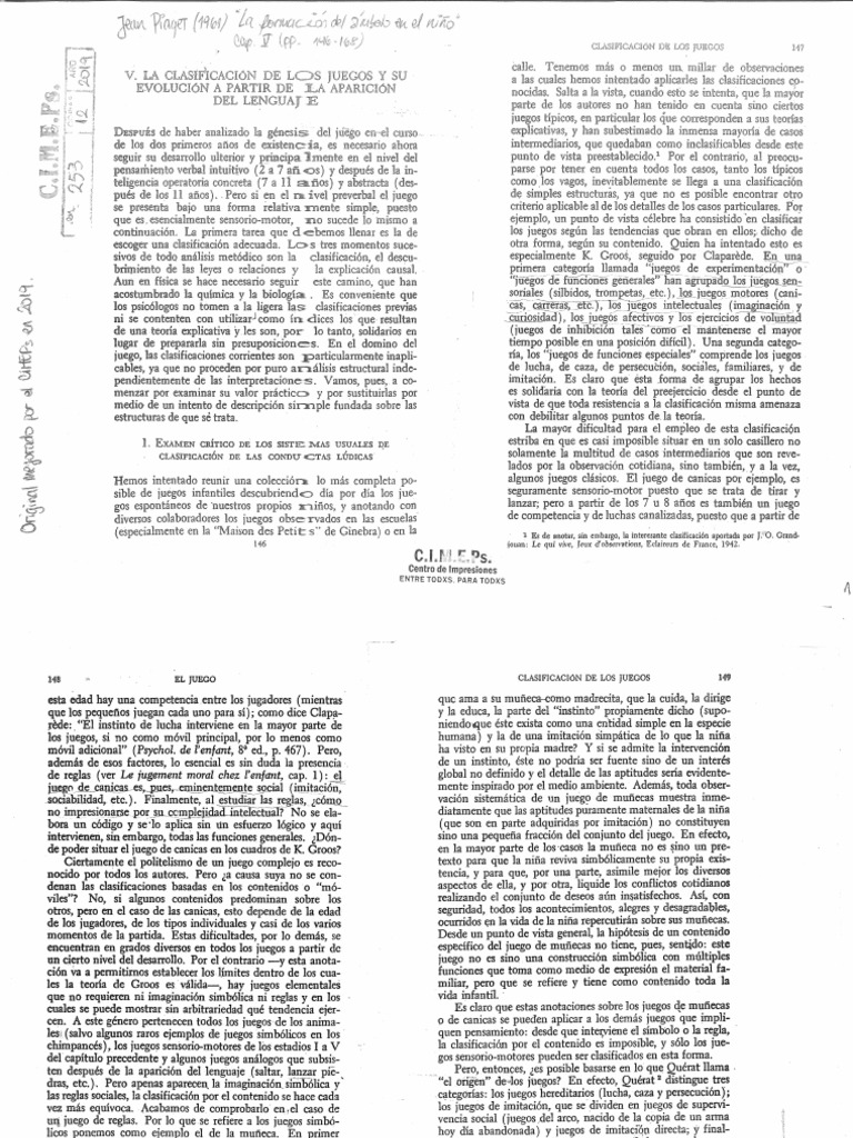 La Formación Del Símbolo. Piaget - Clasificación de Juegos (F-En 253) | PDF