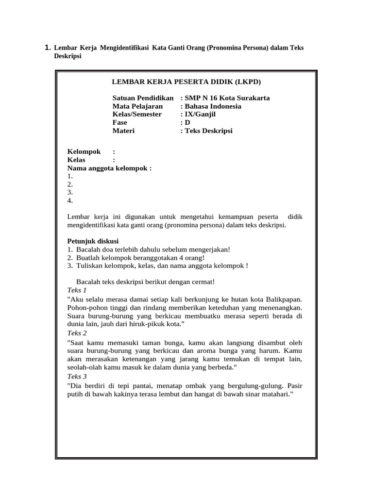 LKPD 1 Mengidentifikasi Kata Ganti Orang (Pronomina Persona) Teks ...