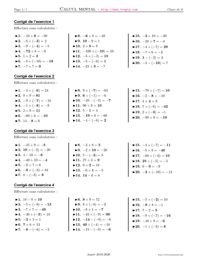 Calcul Mental 4 Corrige 023101 | PDF