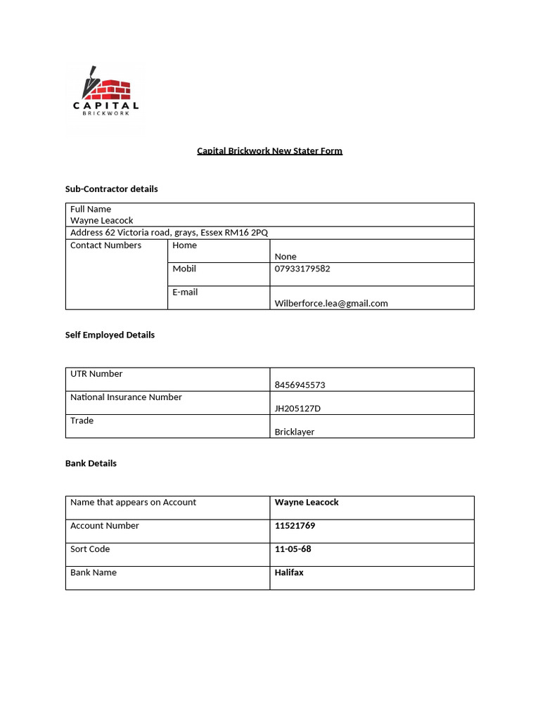 Capital Brickwork New Starter Bank Form | PDF