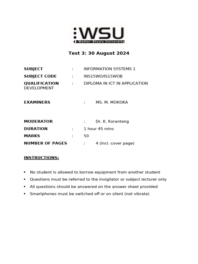 Information Systems 1 Test 3 2024 Pdf Databases Data Model