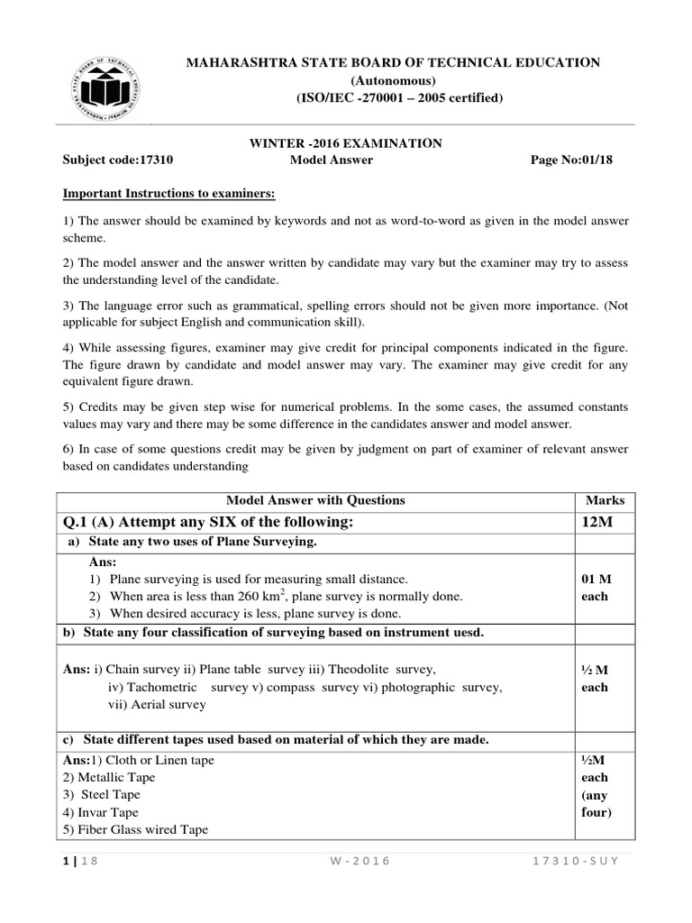 2016 Winter Model Answer Paper | PDF | Compass | Surveying