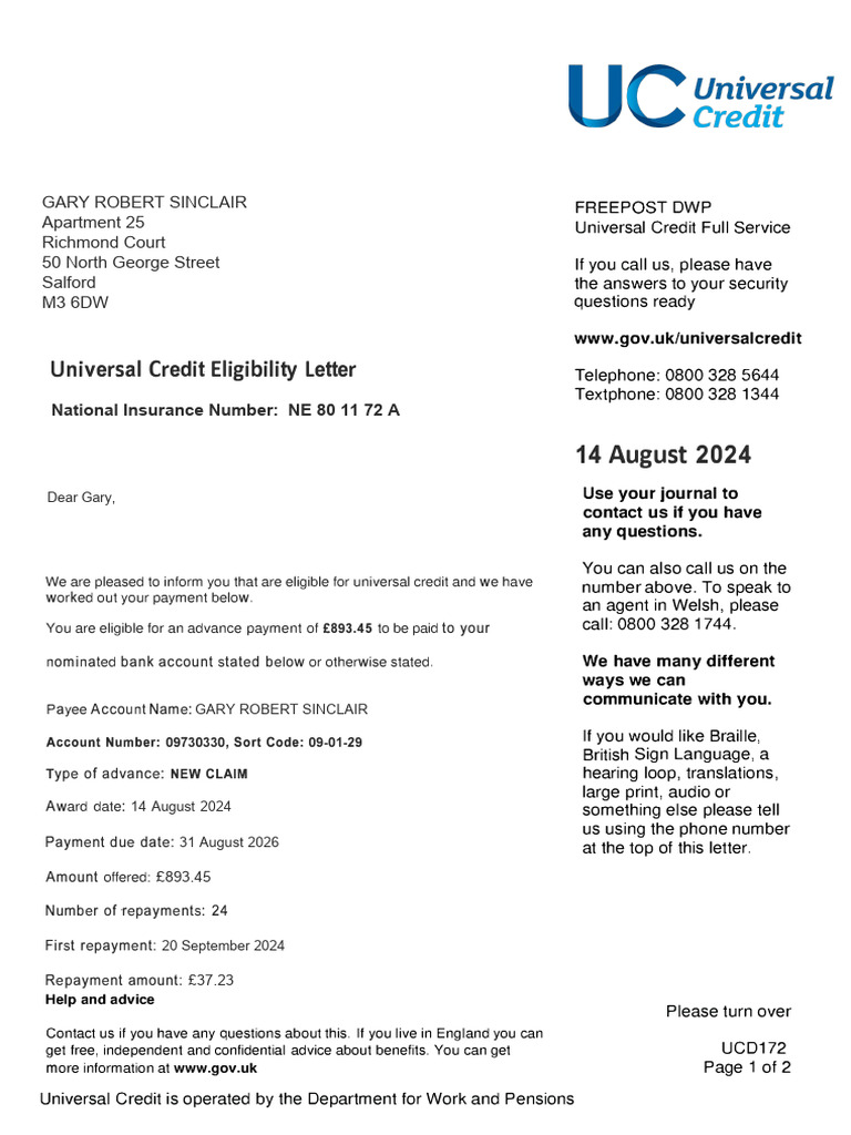 UC Award Letter Gary Sinclair | PDF | Payments | Service Industries