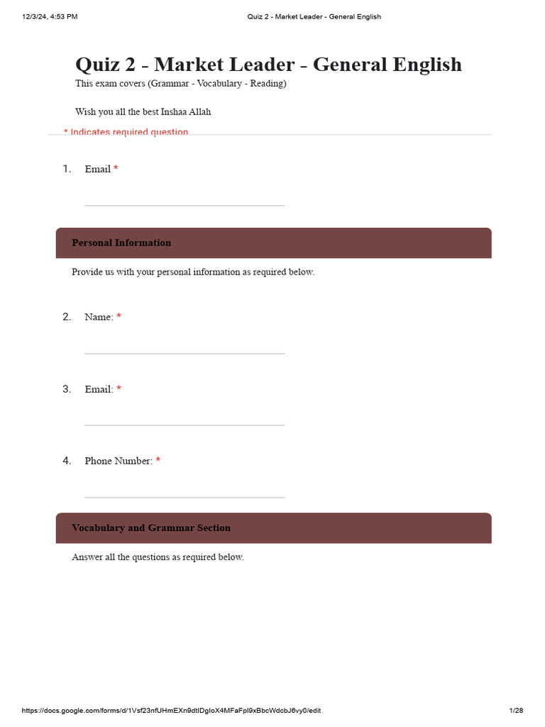 Quiz 2 - Market Leader - General English - (Sun-Tue) - Google Forms ...