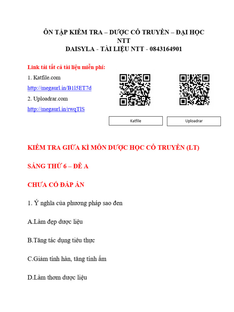 6. OFFLINE KTRA 1 - DƯỢC CỔ TRUYỀN - ĐH NTT | PDF