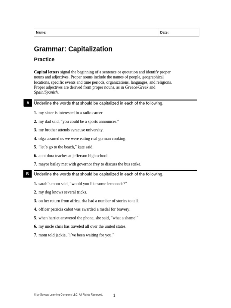 Capitalization Practice Guide | PDF | Grammar | Linguistic Morphology