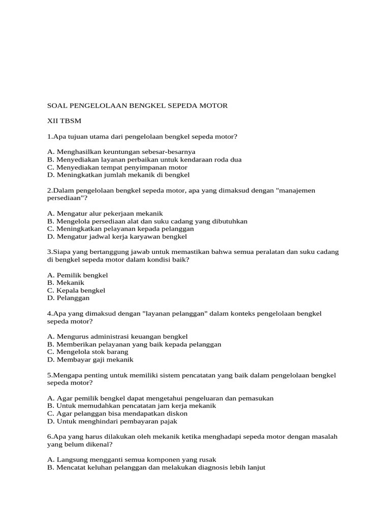 Soal Pengelolaan Bengkel Sepeda Motor Xii TBSM | PDF