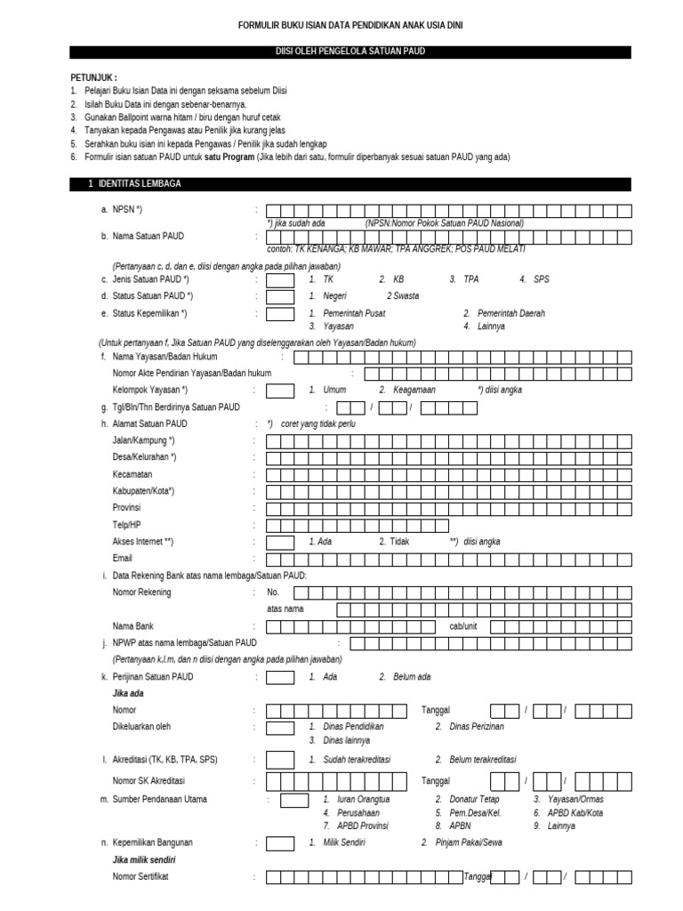 Instrumen Pendataan PAUD | PDF
